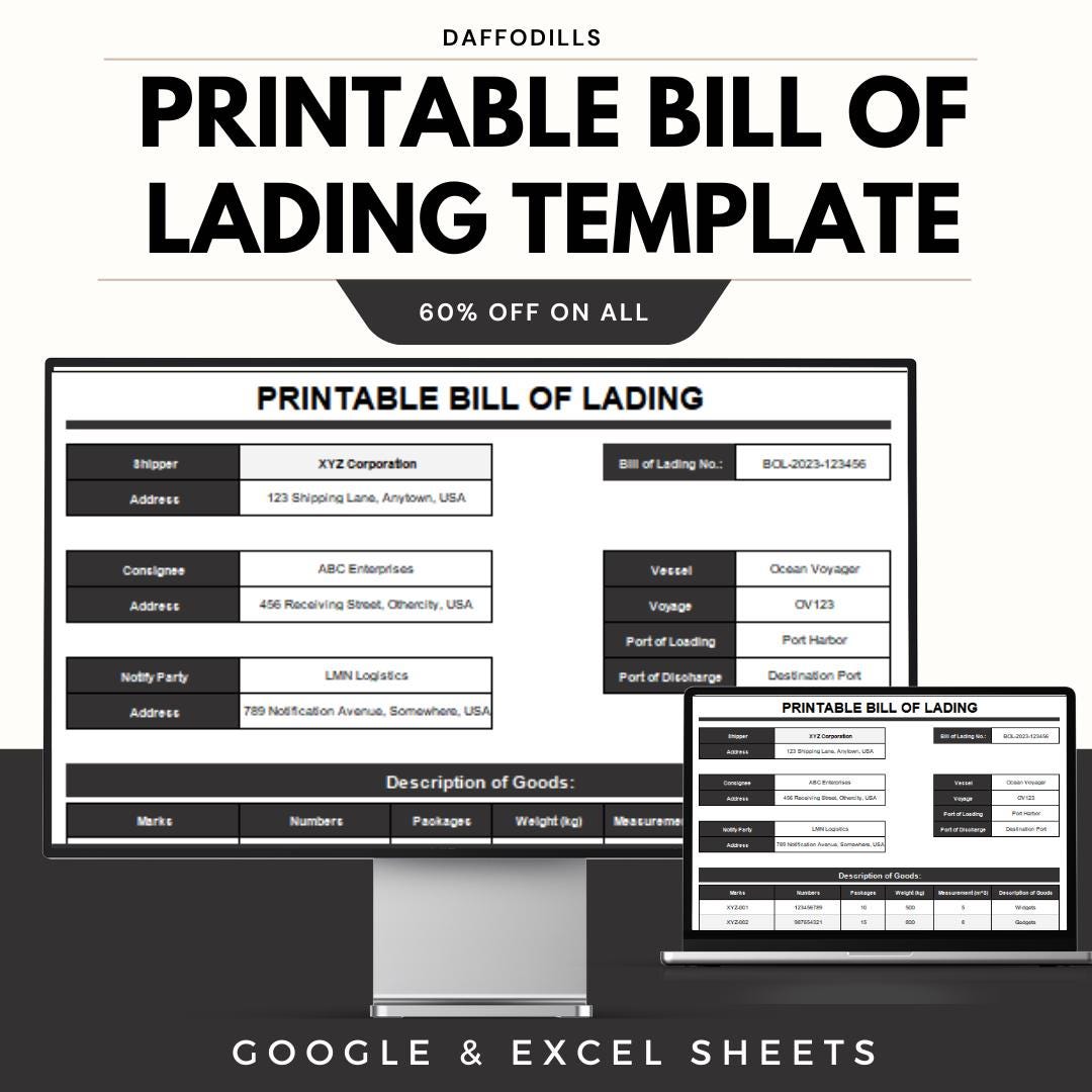 Printable Bill of Lading Template | Google Sheets and Excel | Shipping ...