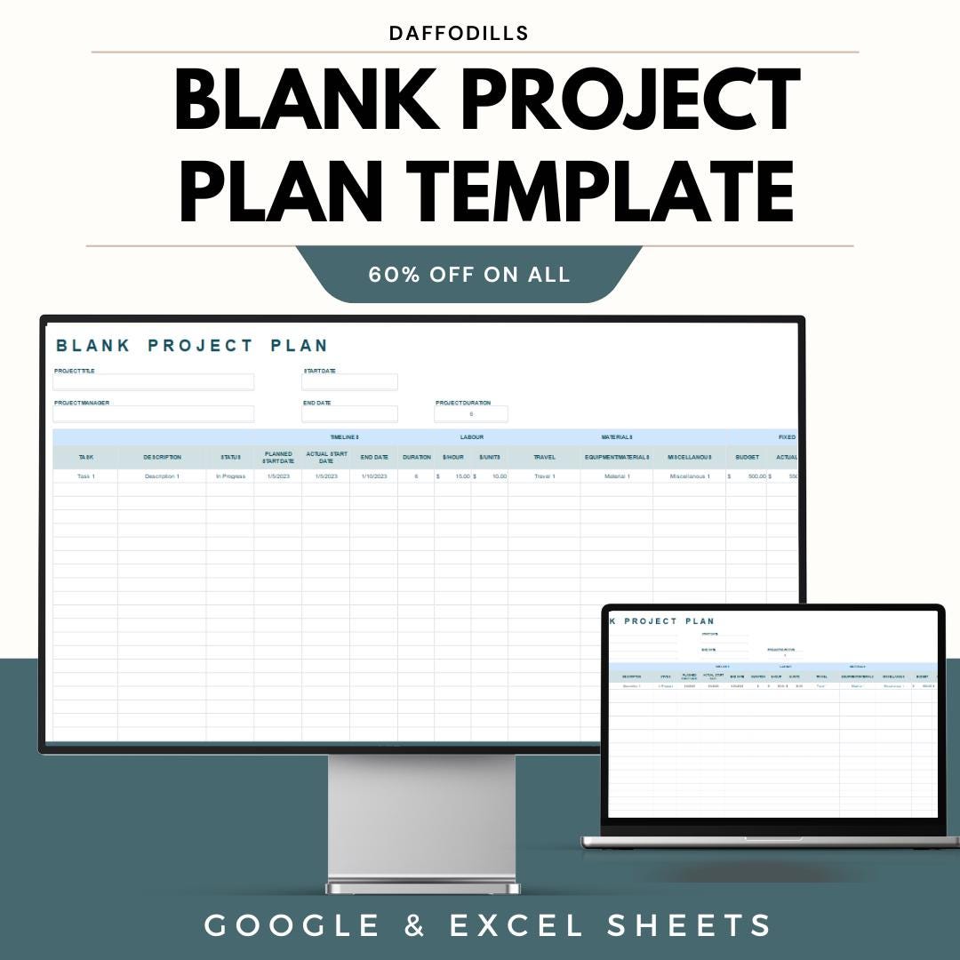 Blank Project Plan Template, Google Sheets and Excel, Editable Task ...