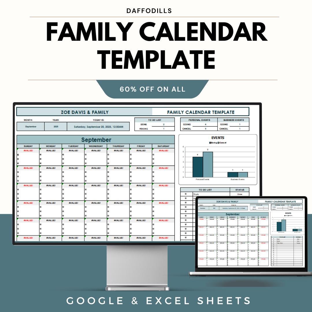Family Calendar Template - Google and Excel Sheets - Organize Family ...