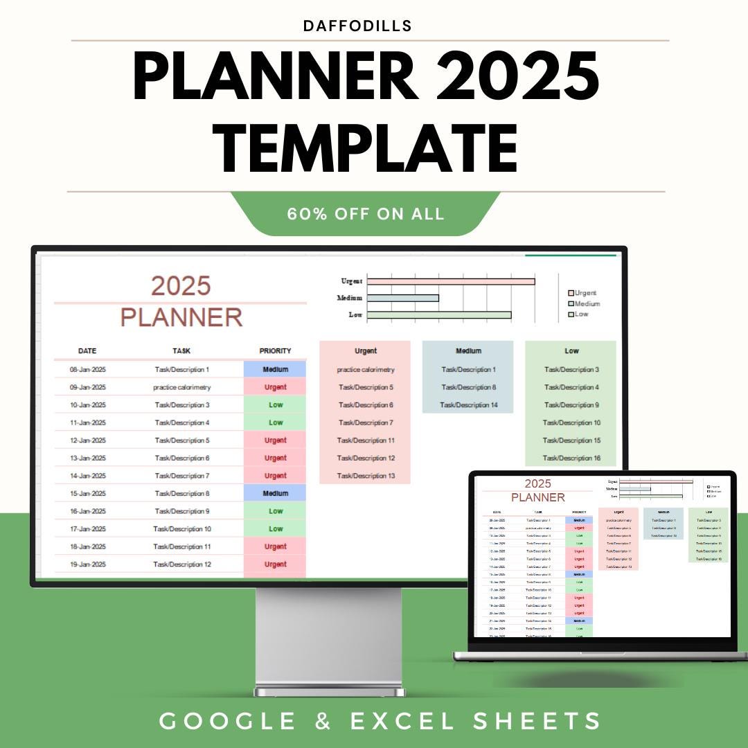Planner 2025 Template, Digital Yearly Planner Spreadsheet, Google ...