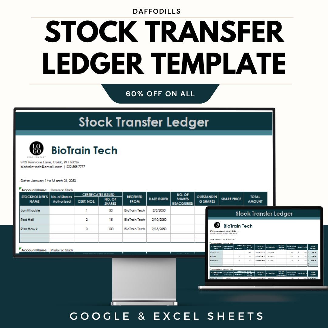 Stock Transfer Ledger Template, Shareholder Record Spreadsheet, Equity ...
