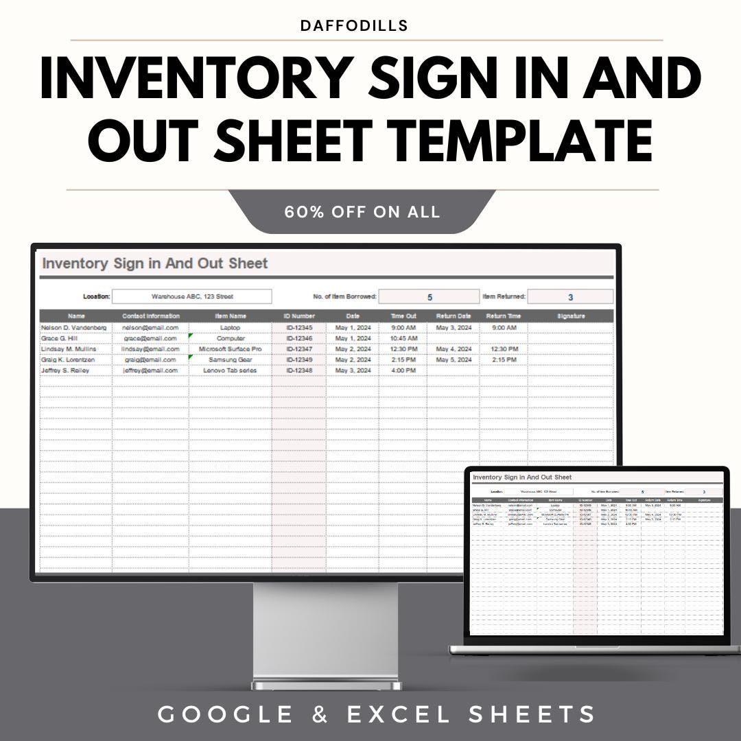 Inventory Sign in and Out Sheet Template, Excel Google Sheets Tracker ...