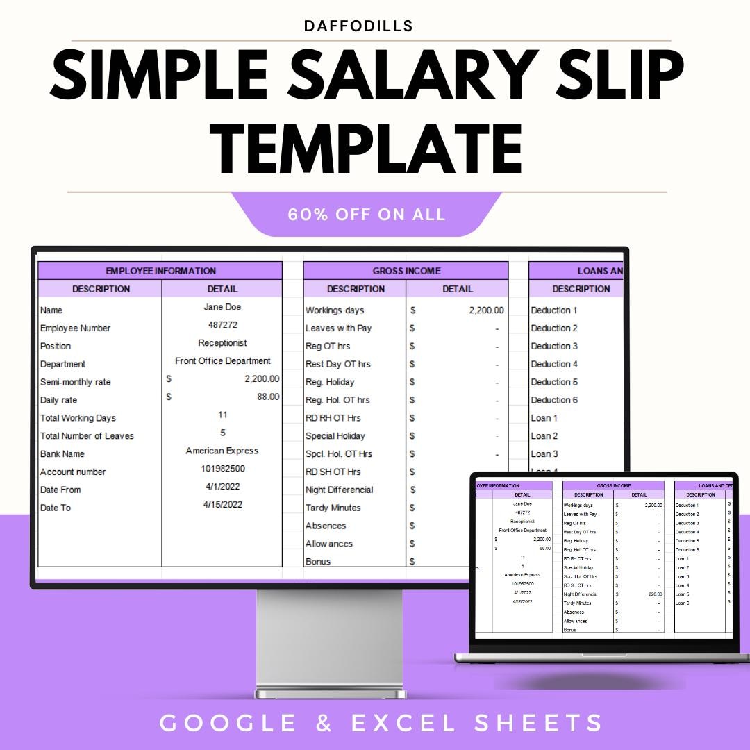 Simple Salary Slip Template, Employee Payslip Generator, Google Sheets ...
