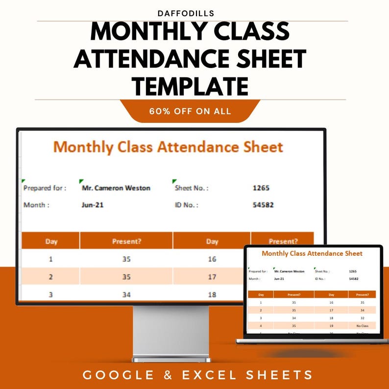 Monthly Class Attendance Sheet Template Google Sheets Excel | Student ...