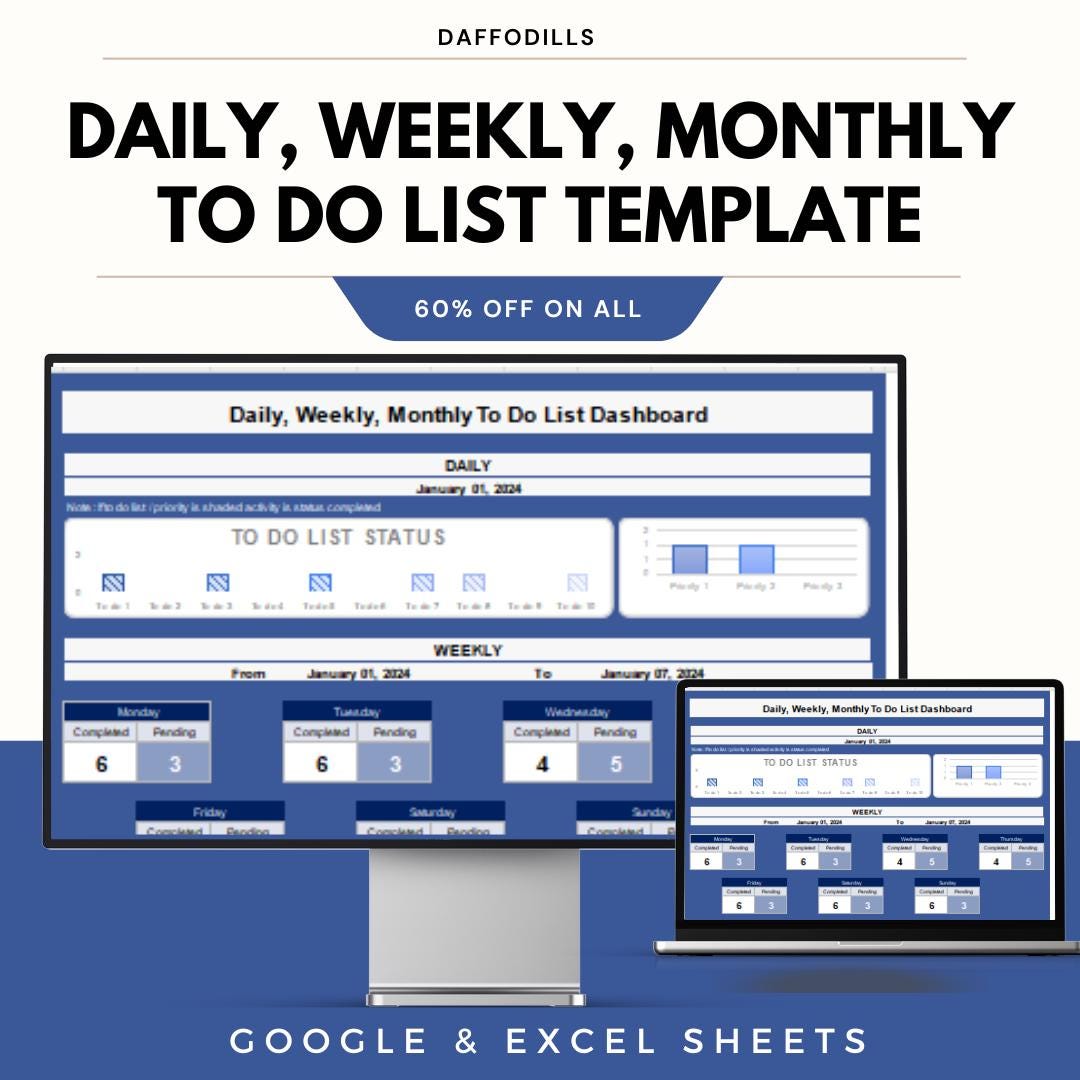Daily, Weekly, Monthly to Do List Template – Google Sheets and Excel ...