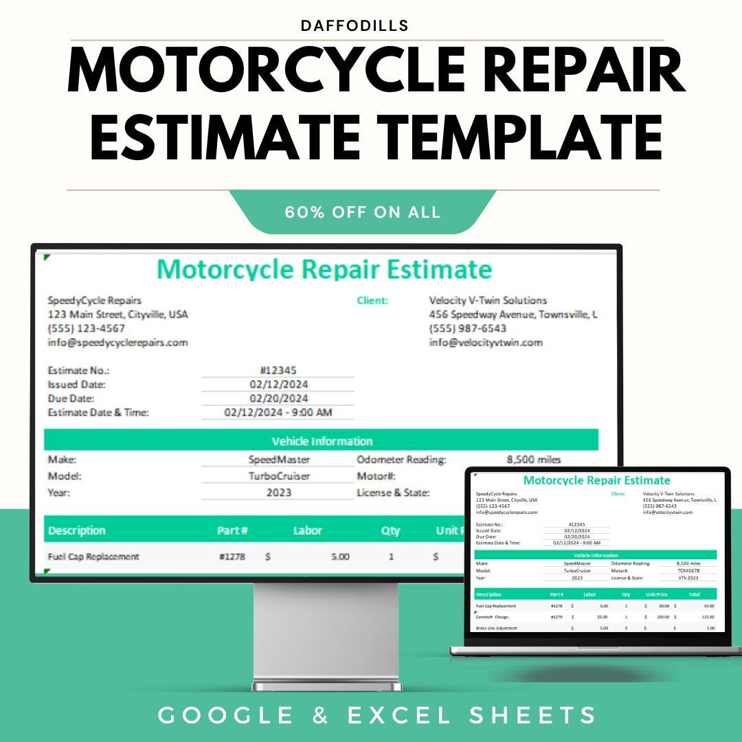 Motorcycle Repair Estimate Template, Bike Service Quote Sheet, Auto ...