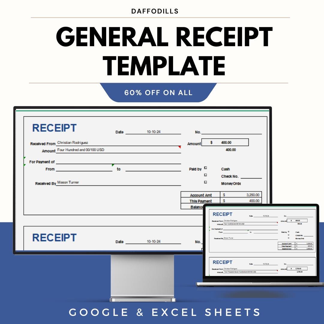 General Receipt Template, Google Sheets and Excel Receipt Form, Payment ...