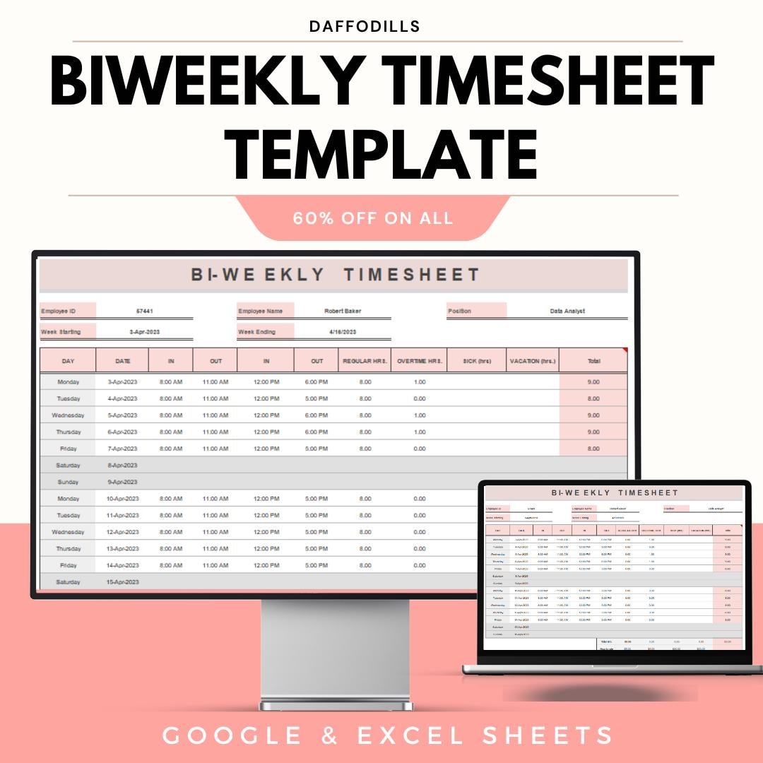 Biweekly Timesheet Template, Employee Work Hours Tracker, Payroll Sheet ...