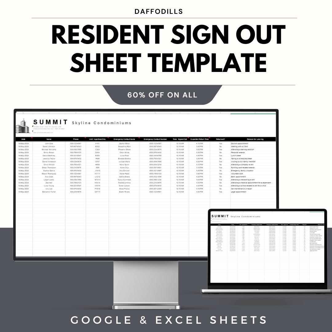 Resident Sign Out Sheet Template, Editable Excel & Google Sheets Log ...