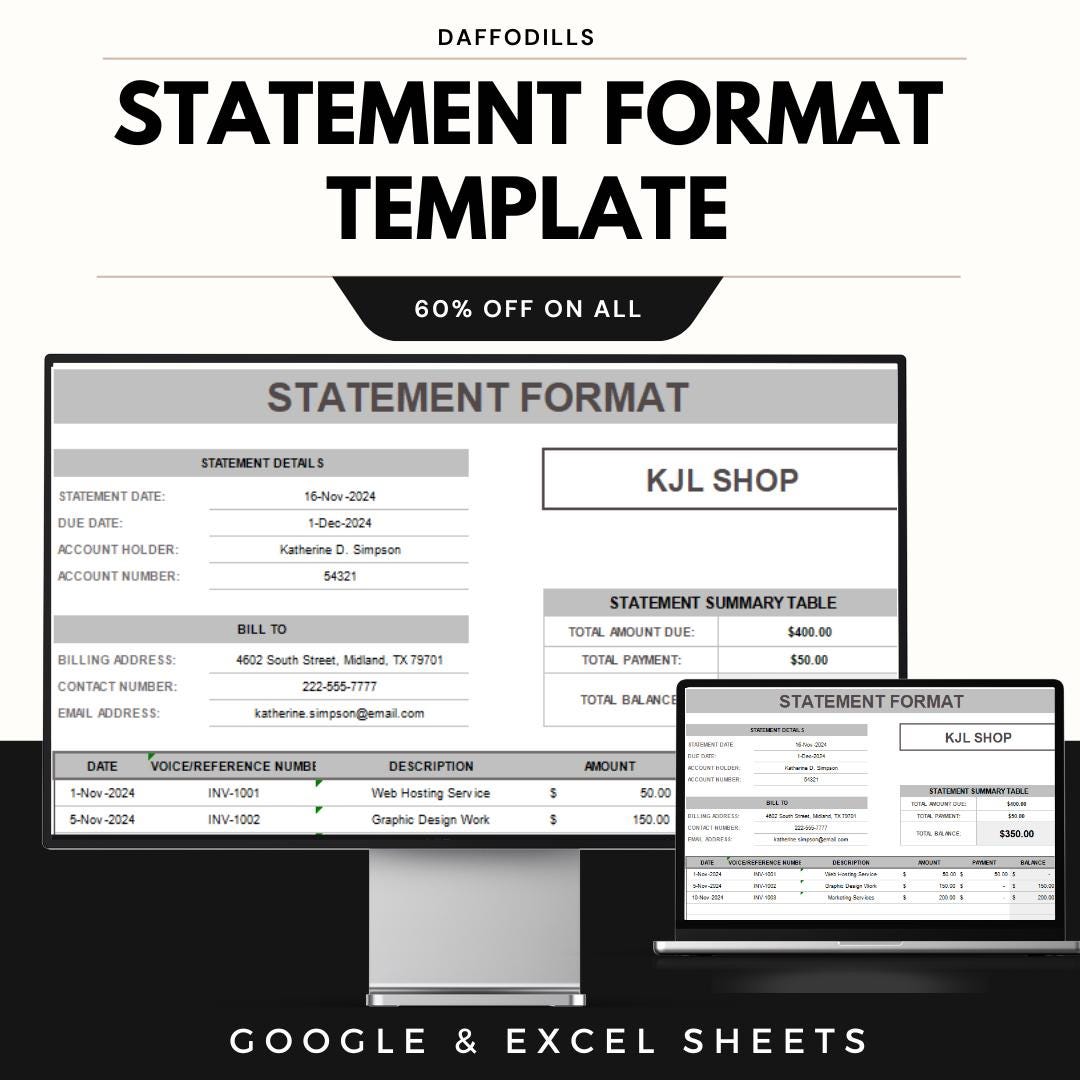 Statement Format Template, Billing Statement Sheet, Payment Summary ...