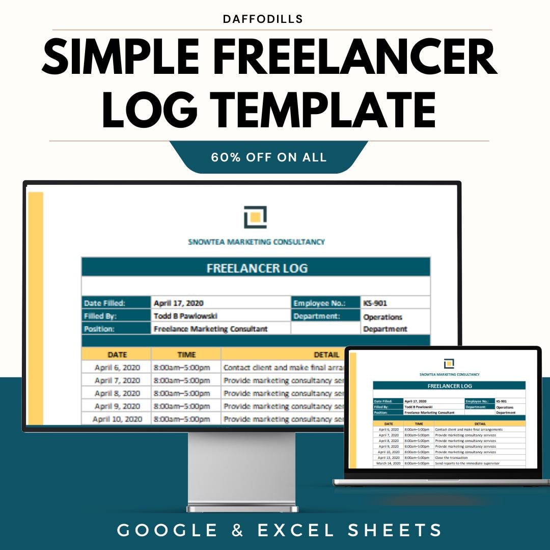 Simple Freelancer Log Template, Google Sheets & Excel Work Log, Daily ...