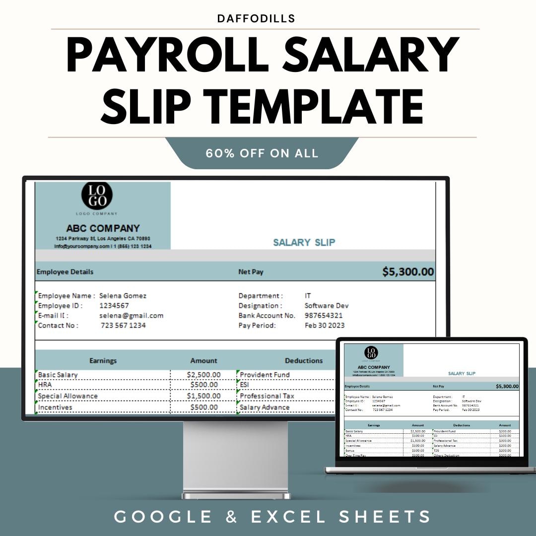 Payroll Salary Slip Template, Employee Pay , Excel and Google Sheets ...