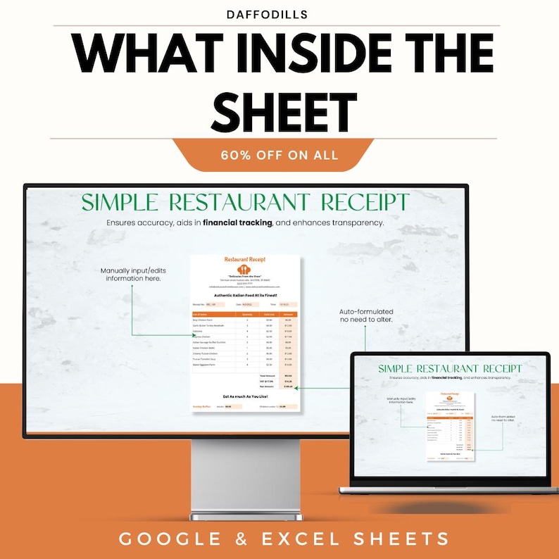 Simple Restaurant Receipt Template, Food Sales Receipt, Excel Google ...