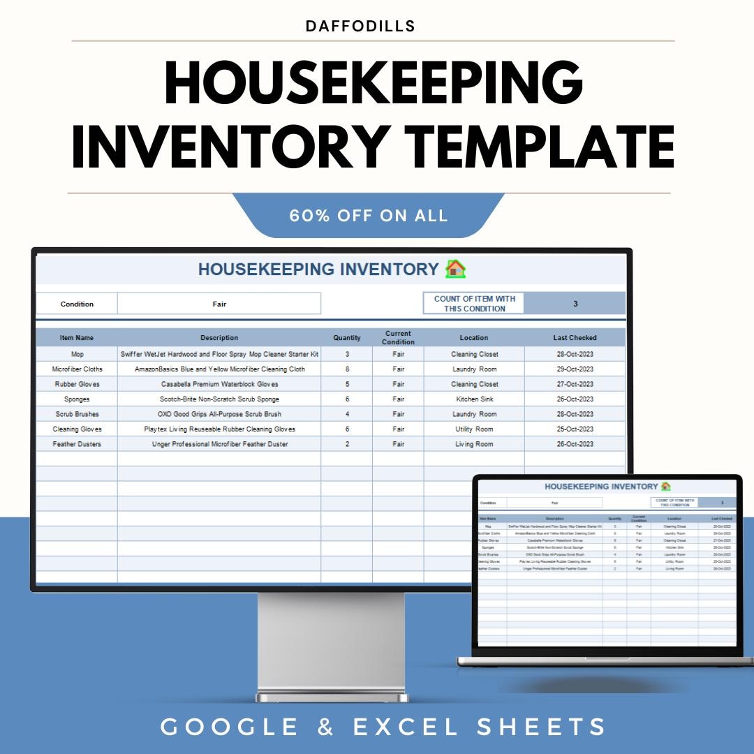 Housekeeping Inventory Template, Cleaning Supply Tracker, Google Sheets ...