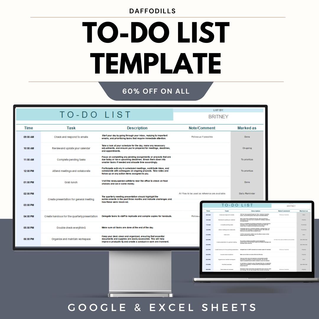 To-do List Template, Daily Task Planner, Productivity Sheet, Excel To ...