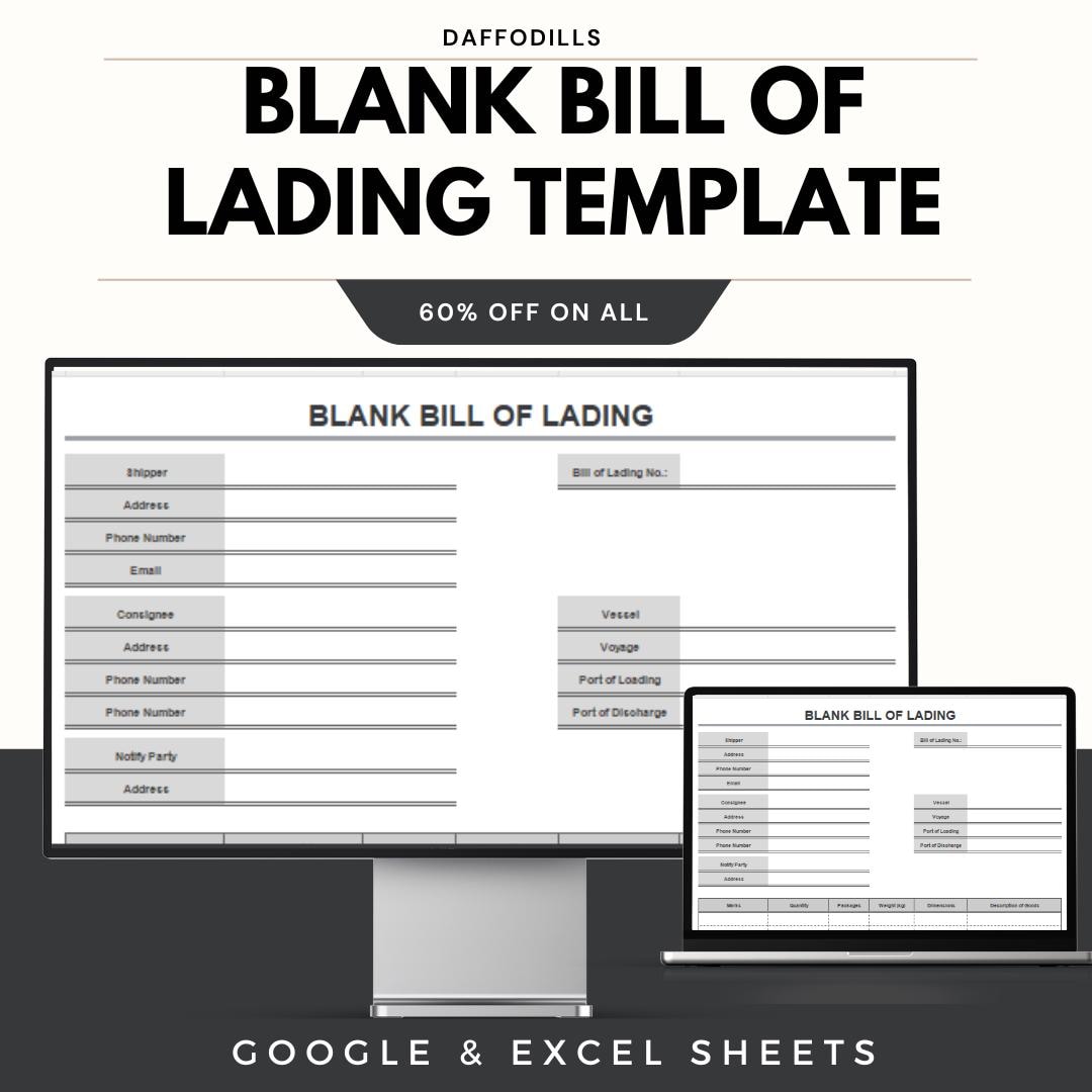 Blank Bill of Lading Template for Google Sheets & Excel, Shipping Form ...