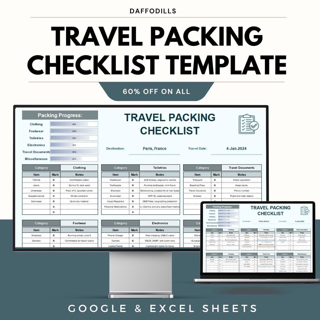 Travel Packing Checklist Template, Vacation Packing List Excel & Google ...