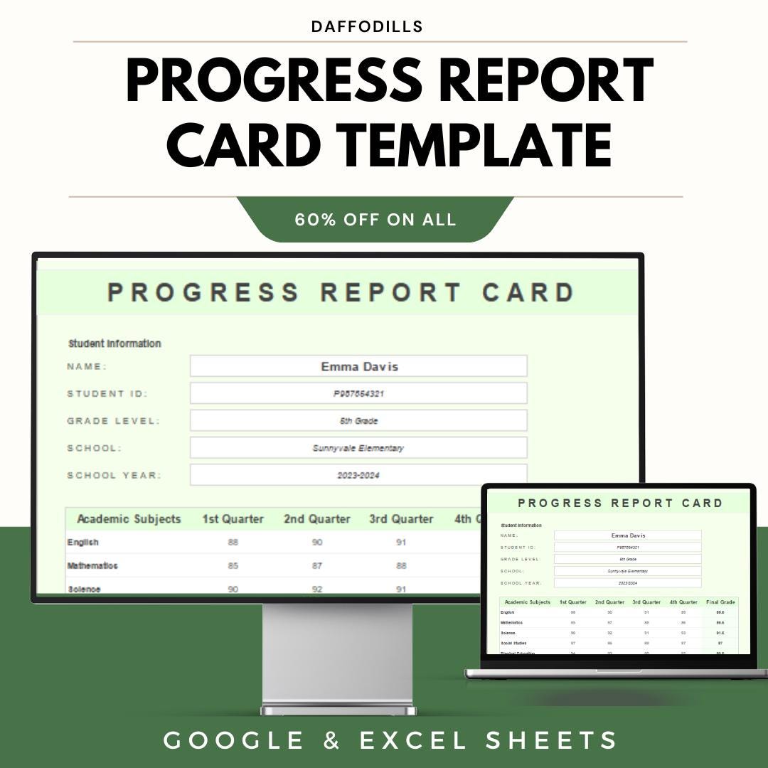 Progress Report Card Template, Student Grade Tracker, School Report ...