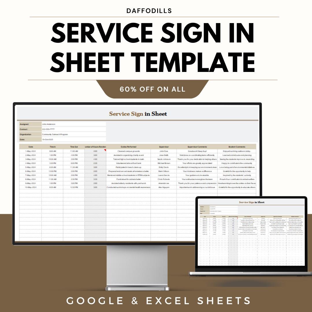 Service Sign in Sheet Template, Editable Attendance Log, Google Sheets ...