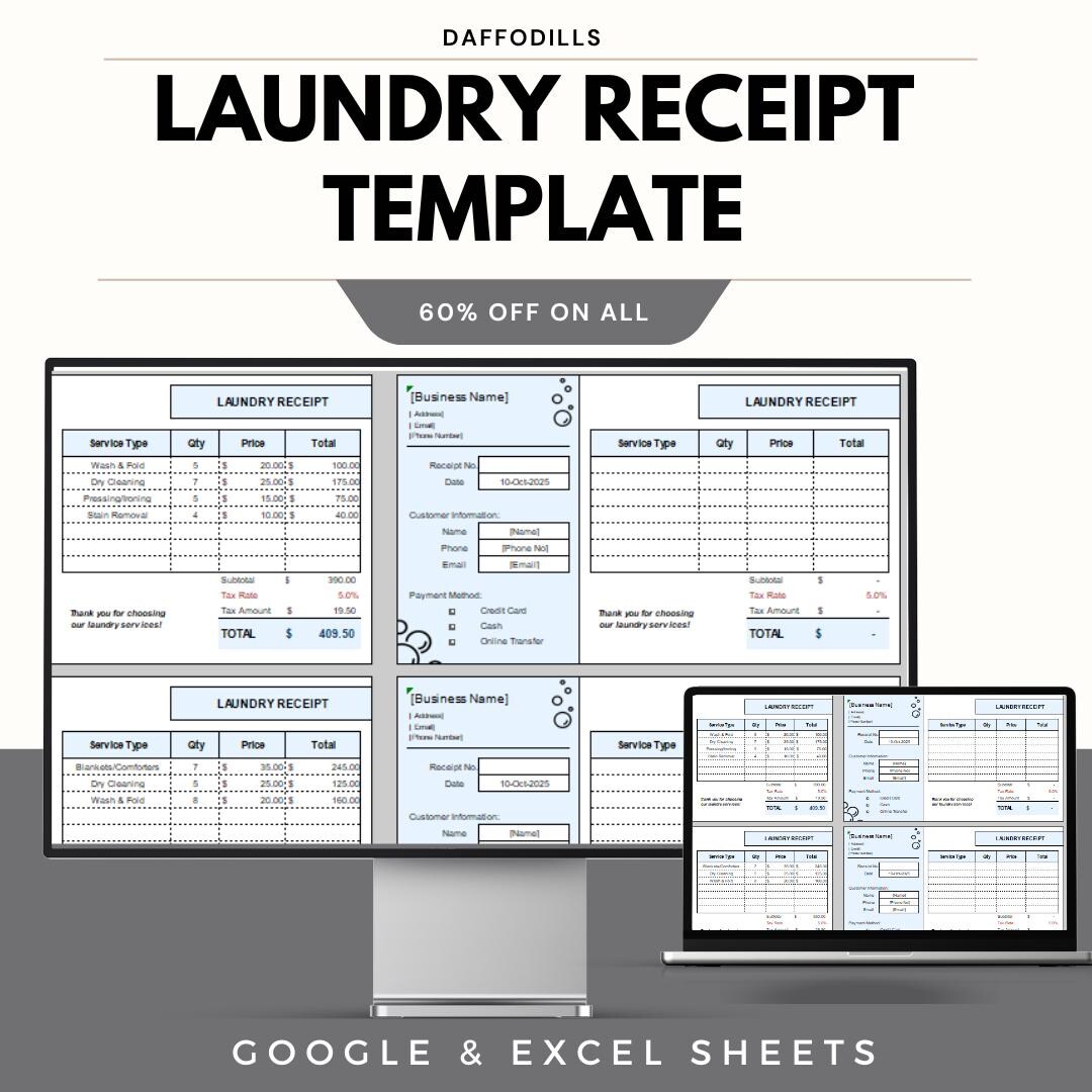 Laundry Receipt Template, Laundry Invoice Excel, Google Sheets Receipt ...