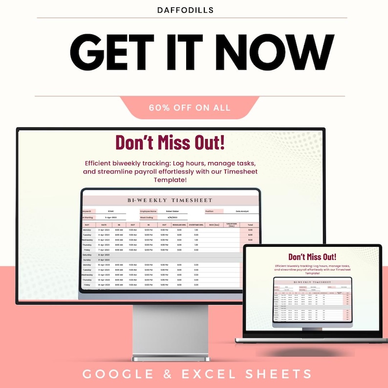 Biweekly Timesheet Template, Employee Work Hours Tracker, Payroll Sheet ...