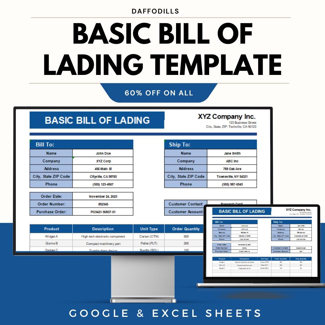 Basic Bill of Lading Template, Shipping Form Excel, Freight Invoice ...