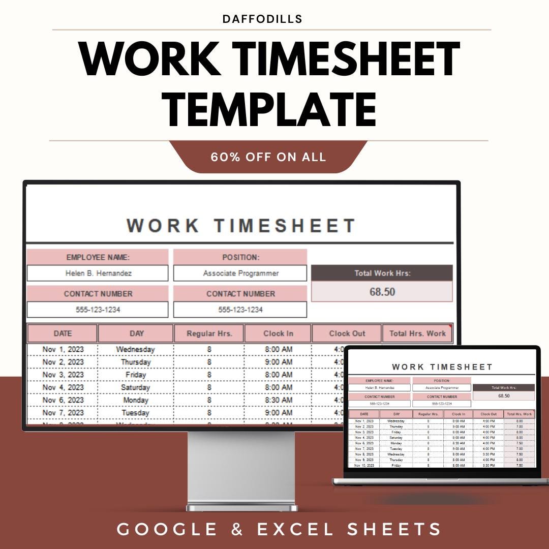 Work Timesheet Template, Employee Time Tracking Spreadsheet, Google ...