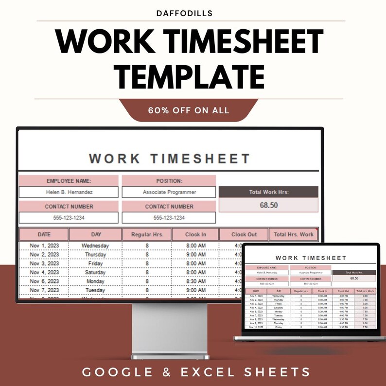 Work Timesheet Template, Employee Time Tracking Spreadsheet, Google ...