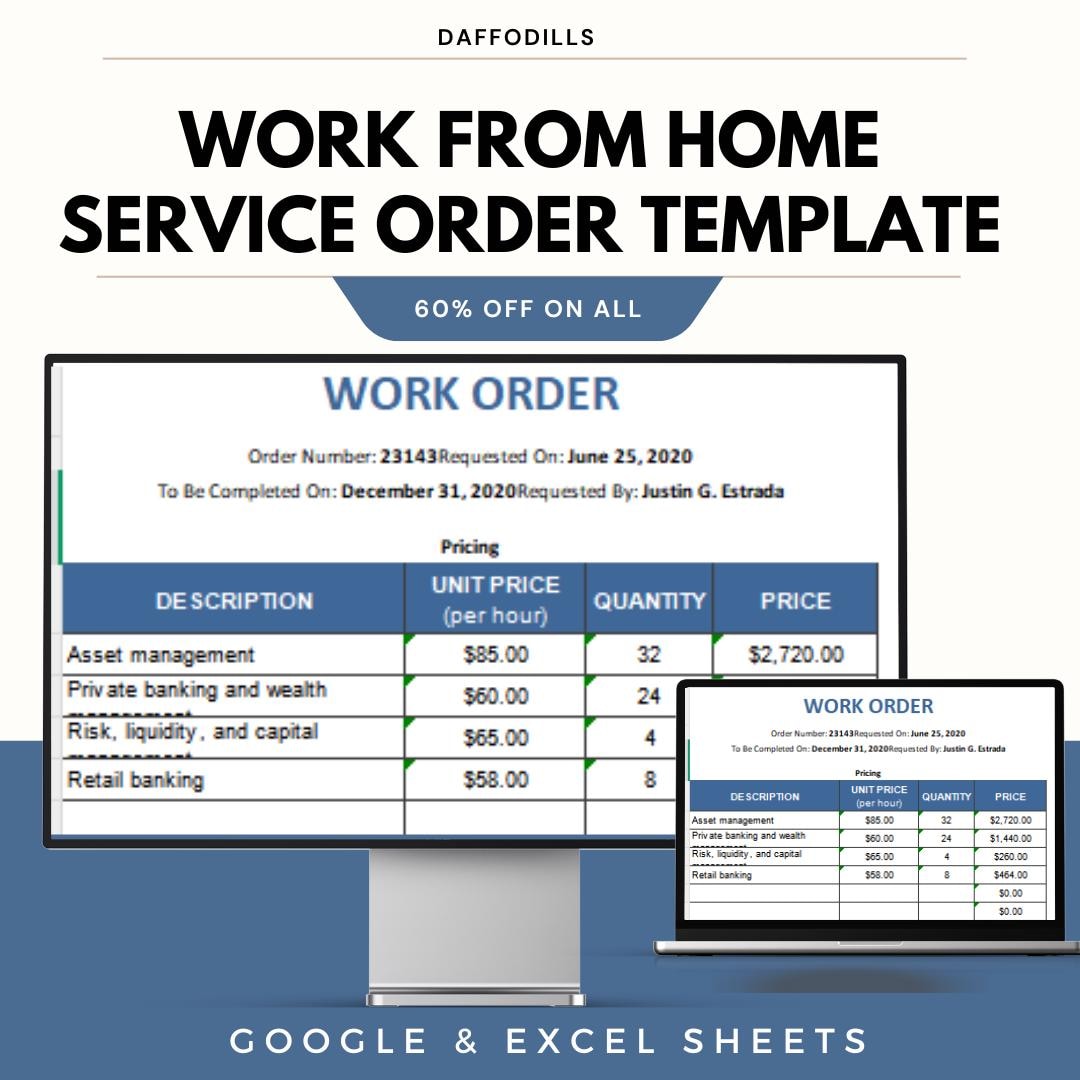 Work From Home Service Order Template, Work Order Spreadsheet, Google ...