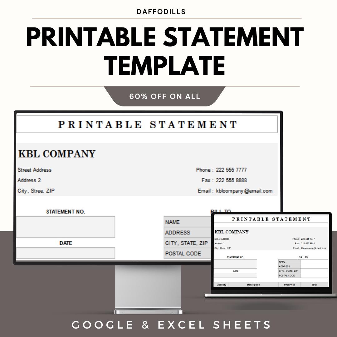 Printable Statement Template, Editable Billing Statement Sheet, Google ...