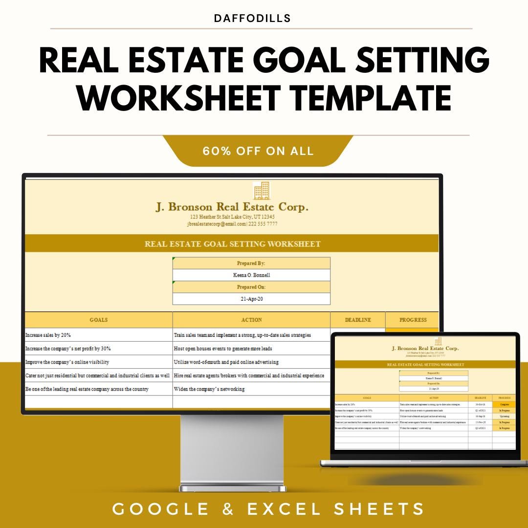Real Estate Goal Setting Worksheet Template, Google Sheets and Excel ...