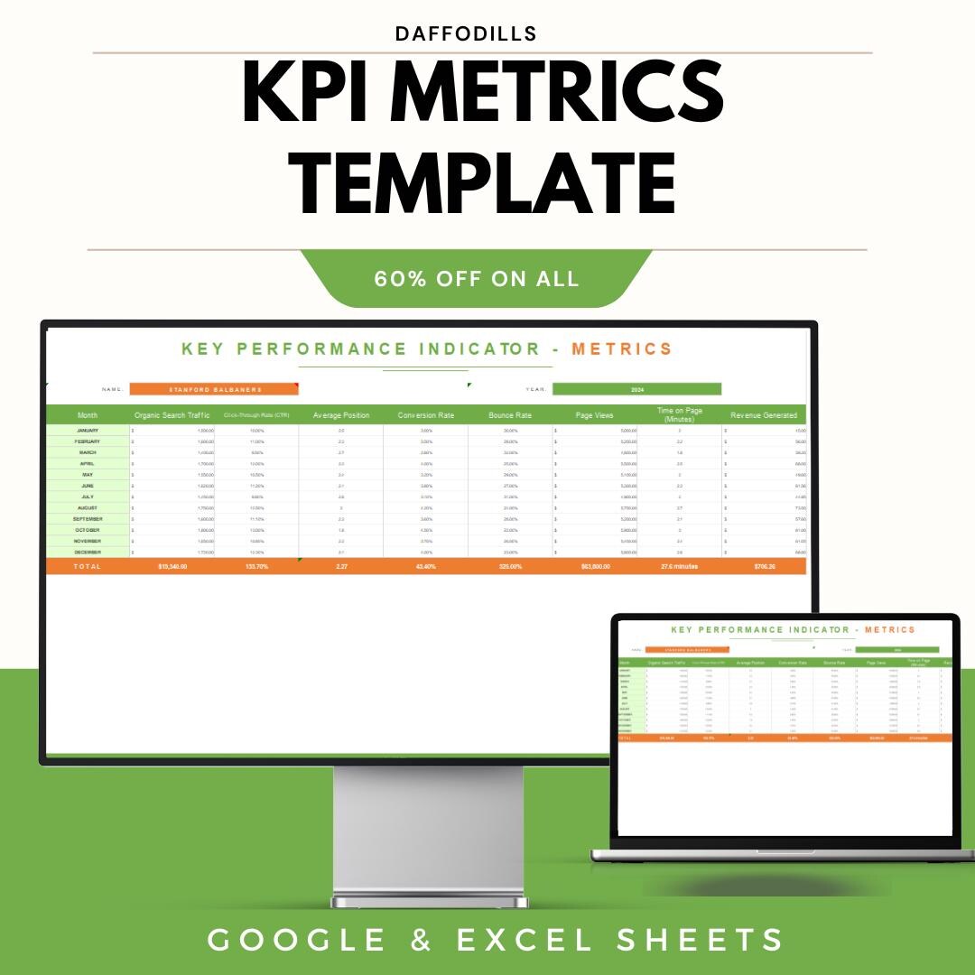 KPI Metrics Template | Business Performance Tracker | Excel and Google ...