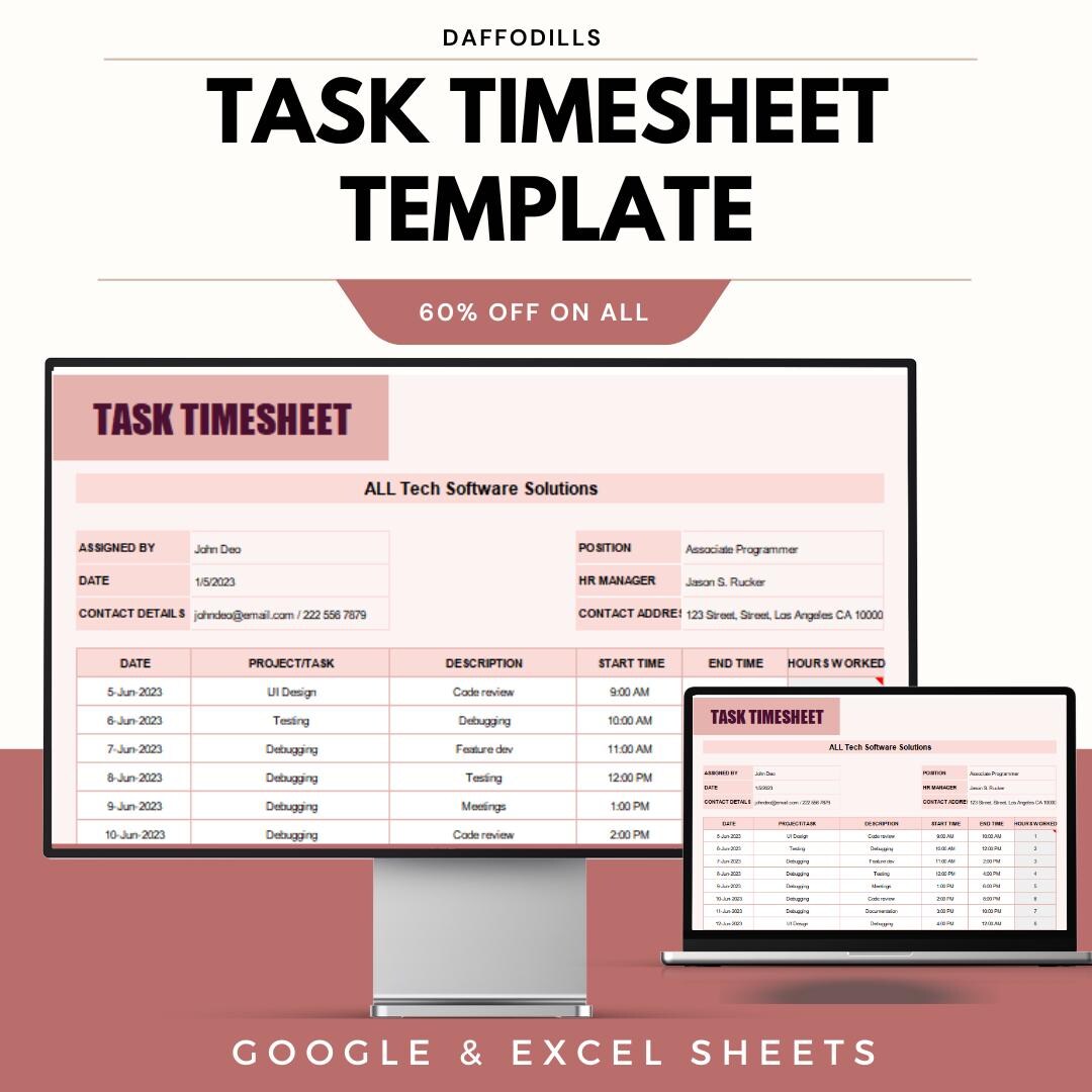 Task Timesheet Template, Excel & Google Sheets Time Tracker, Employee ...