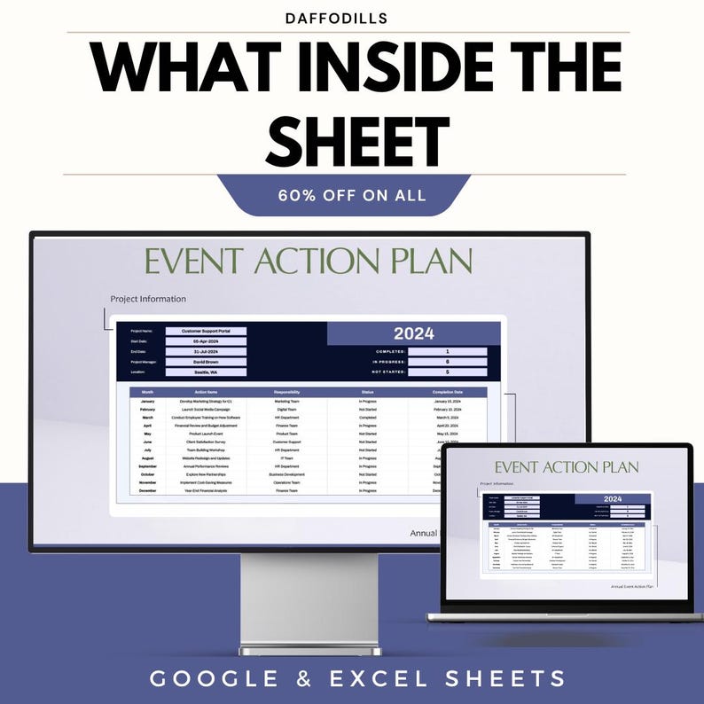 Yearly Action Plan Template, Annual Planner Excel, Google Sheets Action ...