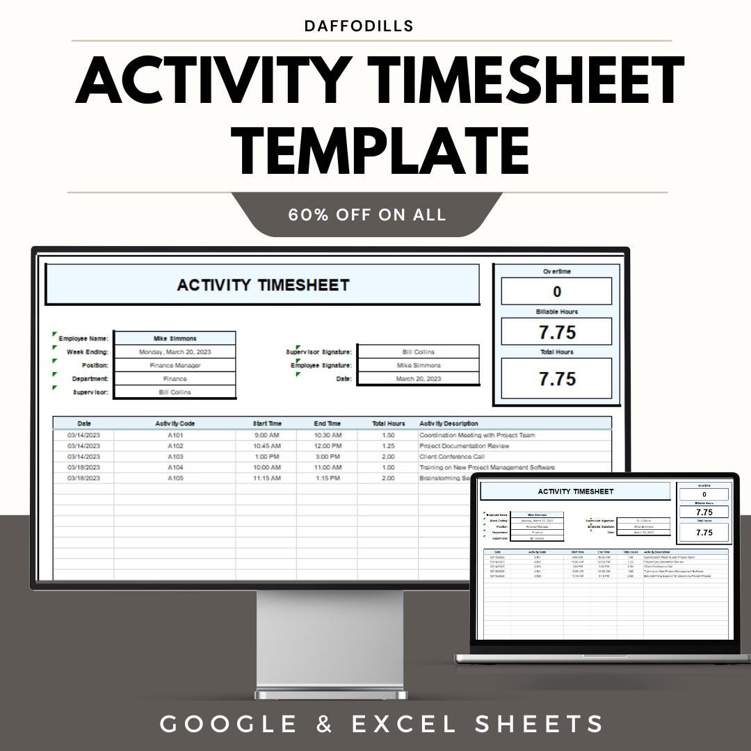 Activity Timesheet Template | Employee Work Log | Excel and Google ...