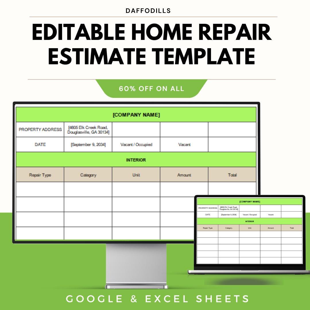 Editable Home Repair Estimate Template, Contractor Cost Estimate Sheet ...