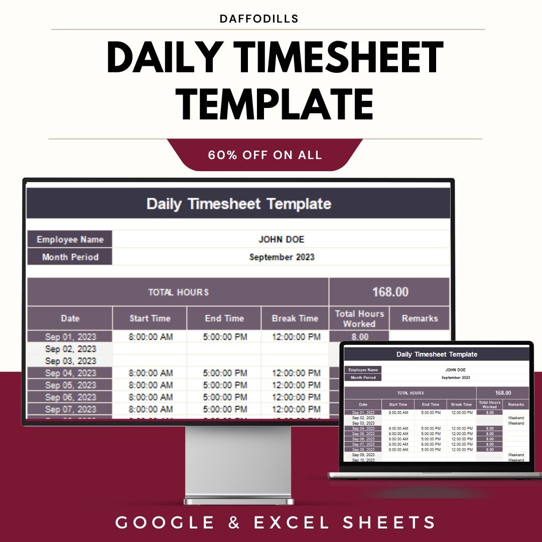 Daily Timesheet Template, Employee Work Hours Tracker, Excel & Google ...
