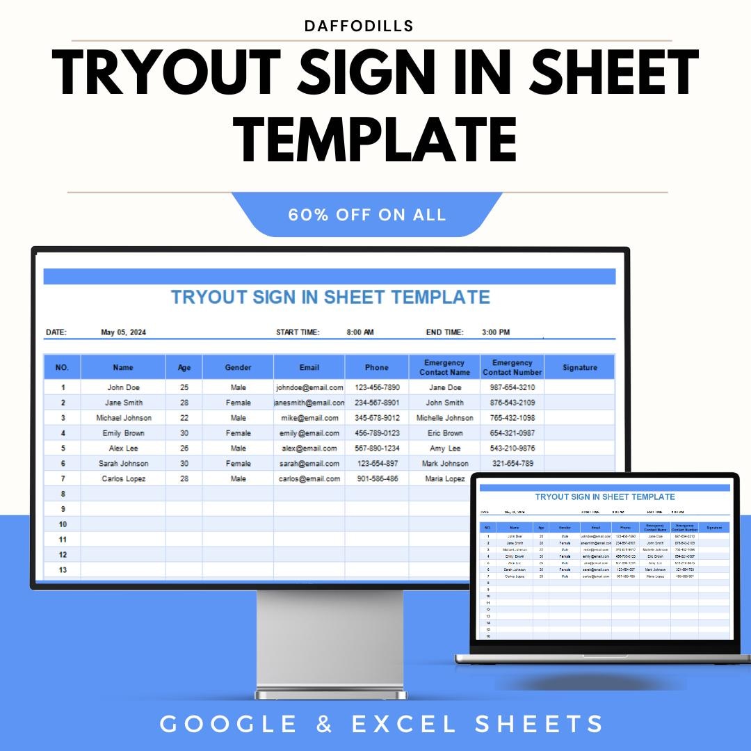 Tryout Sign in Sheet Template, Sports Team Tryout Attendance Log ...