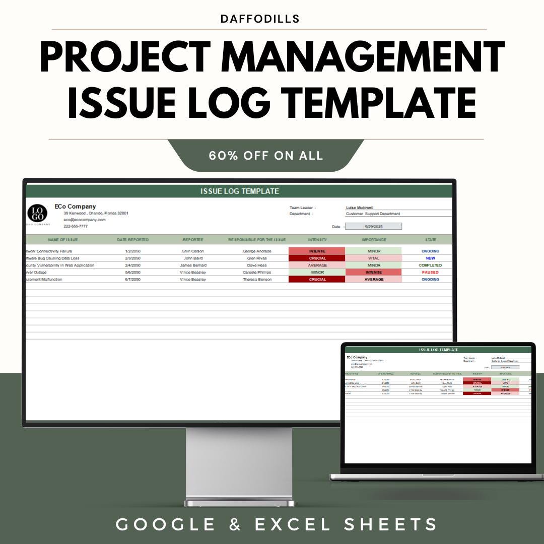 Project Management Issue Log Template, Excel and Google Sheets Project ...
