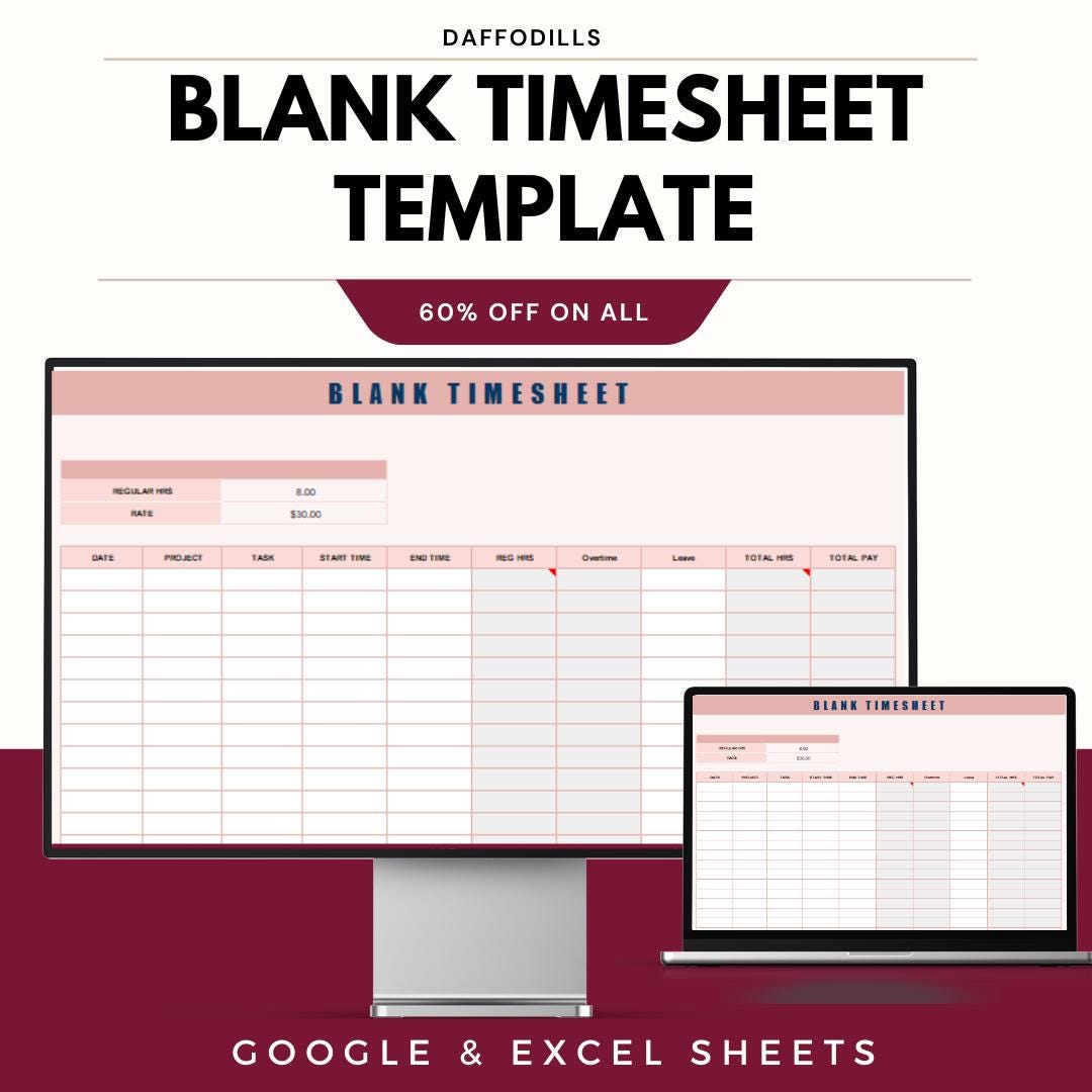 Blank Timesheet Template, Employee Work Hours Tracker, Excel & Google ...