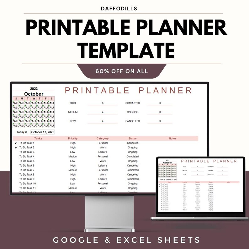 Printable Planner Template, Google Sheets and Excel , To-do List ...