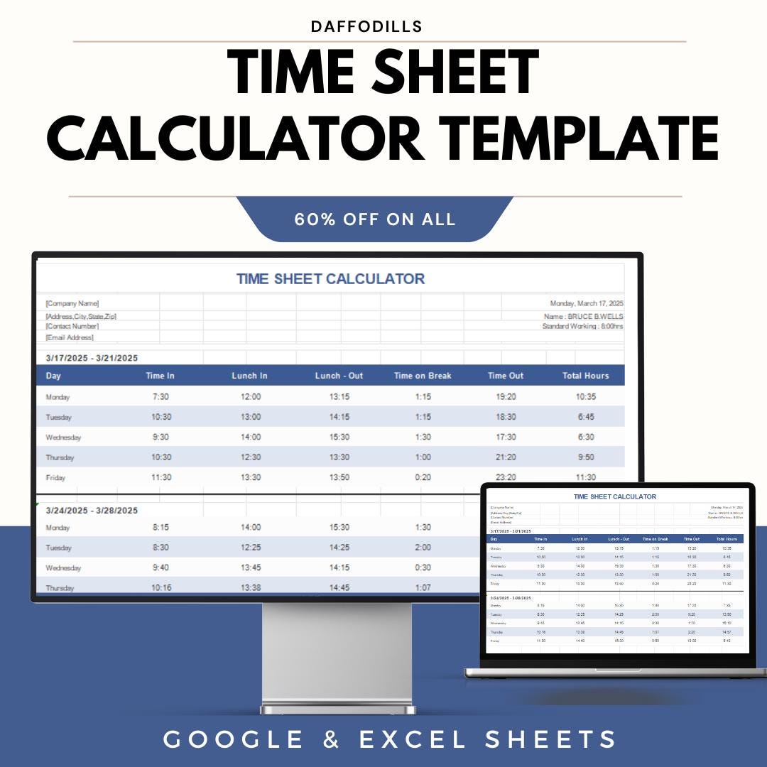 Time Sheet Calculator Template, Excel Google Sheets Timesheet, Employee ...