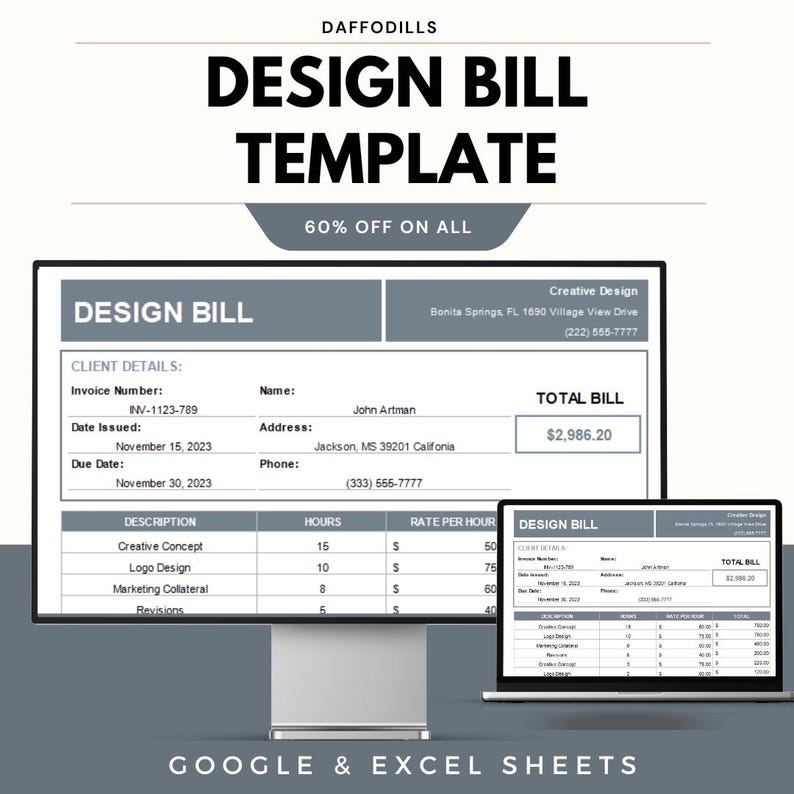 Design Bill Template, Editable Invoice for Designers, Creative Billing ...