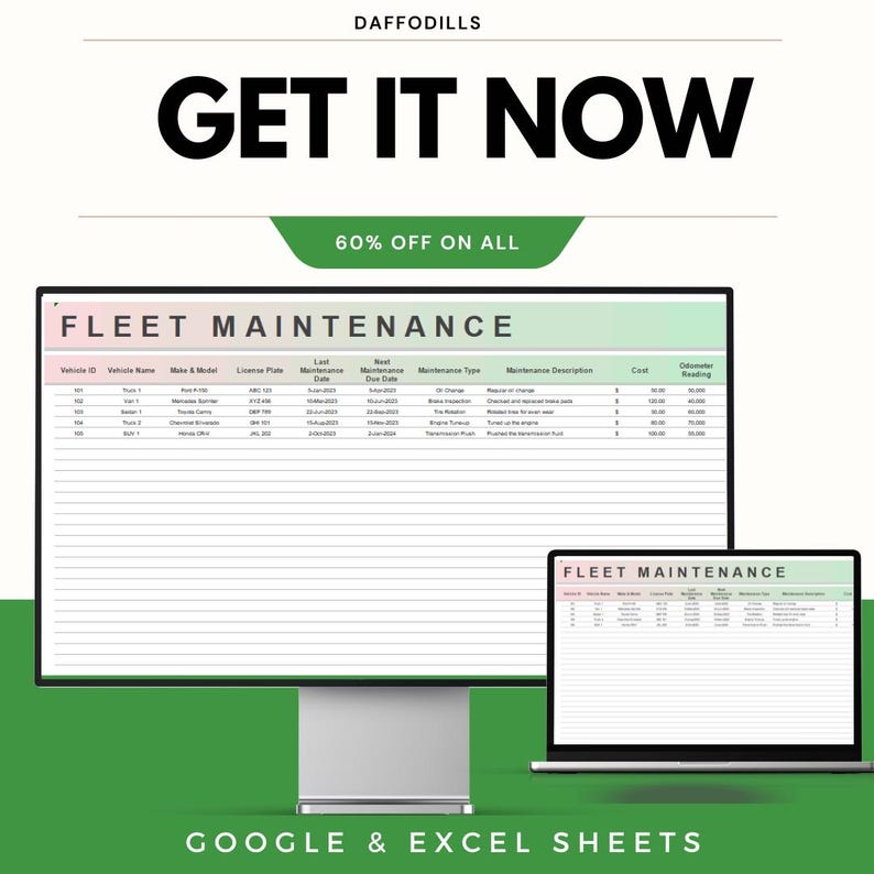 Fleet Maintenance Template, Excel Vehicle Service Log, Google Sheets ...