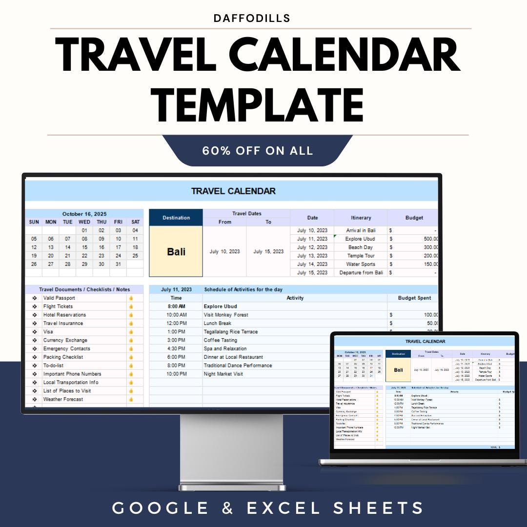 Travel Calendar Template, Google Sheets and Excel Trip, Vacation ...