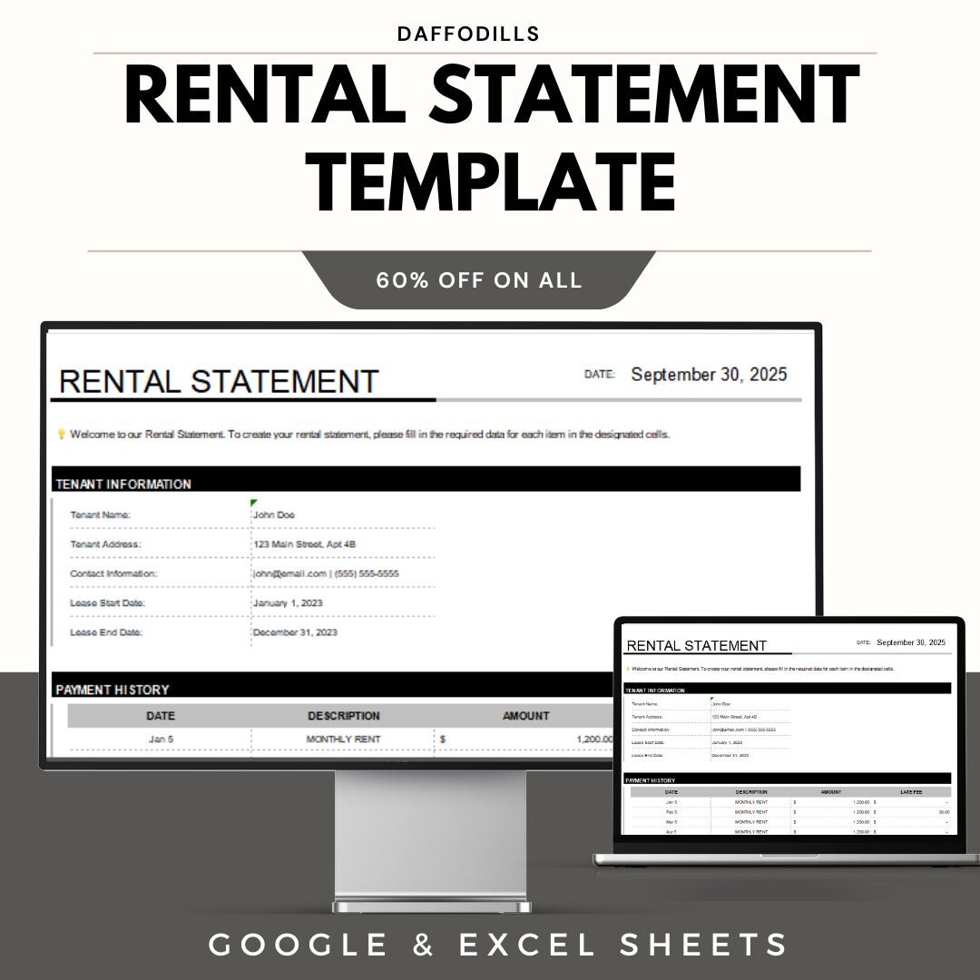 Rental Statement Template, Rent Payment Tracker, Tenant Ledger, Rental ...
