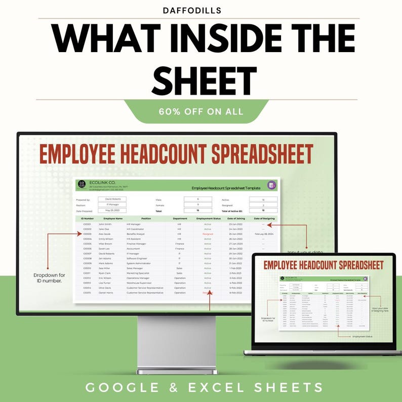 Employee Headcount Spreadsheet Template - Google & Excel Sheets - Employee Management Tool - Etsy