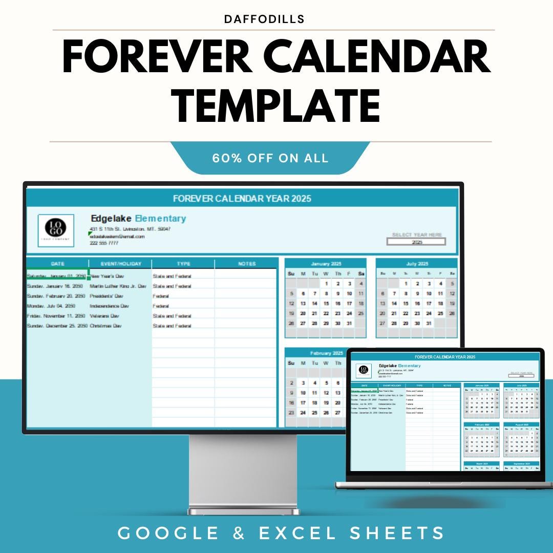 Forever Calendar Template, Perpetual Yearly Planner, Google Sheets ...