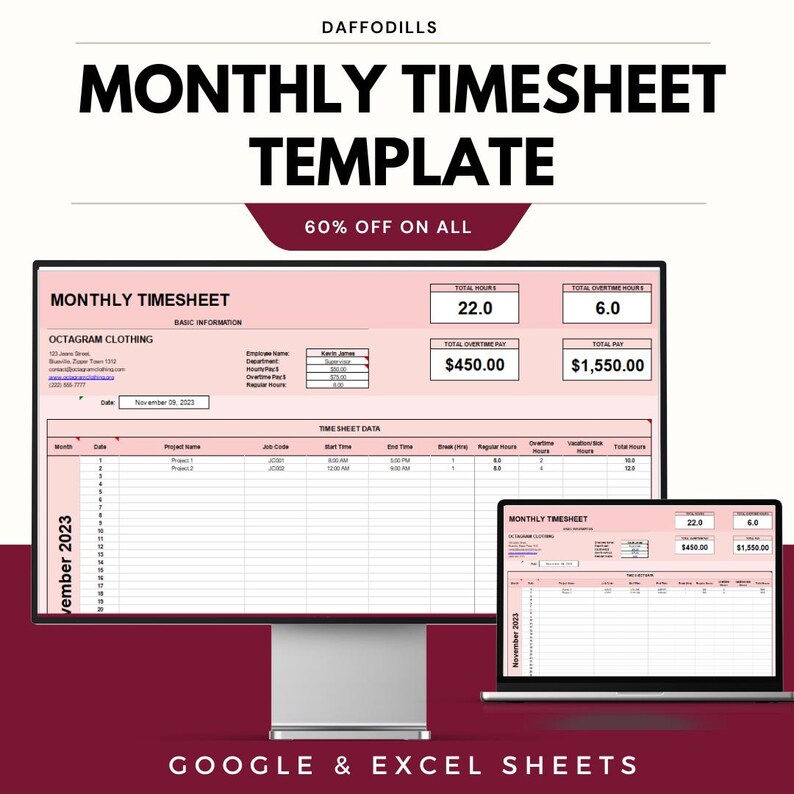 Monthly Timesheet Template, Employee Work Hours Tracker, Google & Excel ...
