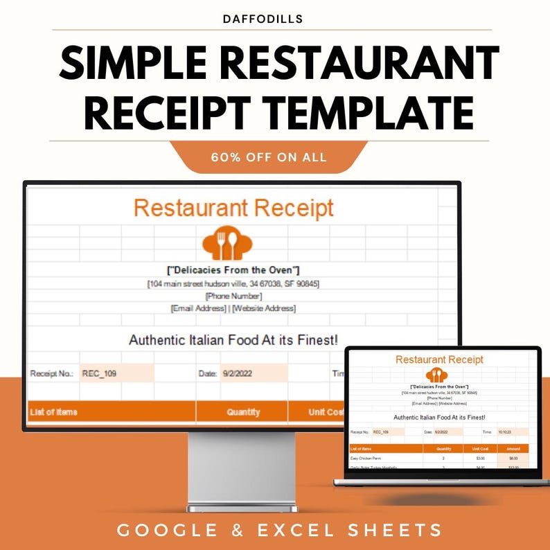 Simple Restaurant Receipt Template, Food Sales Receipt, Excel Google ...